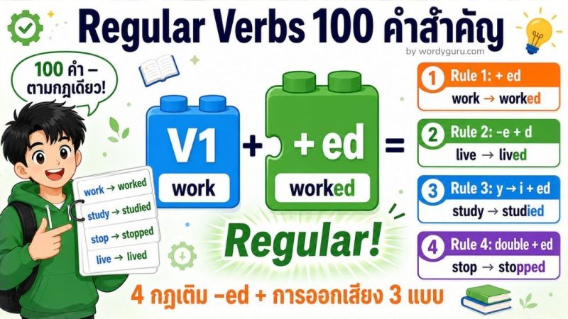 Regular Verbs 100 คำสำคัญ + 4 กฎเติม -ed พร้อมการออกเสียง [2026]
